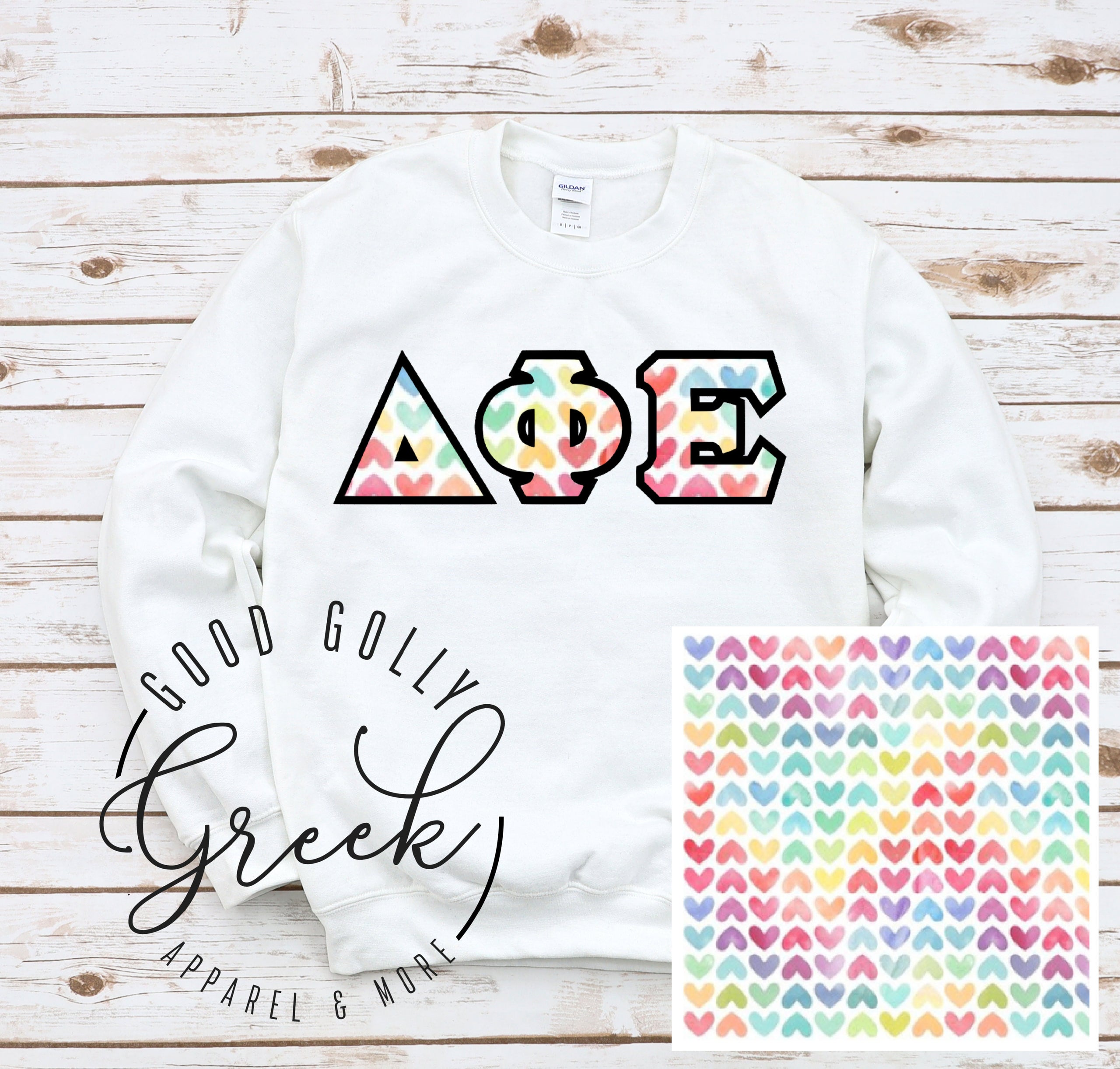 Rainbow Hearts Greek Stitch Letters | Good Golly Greek, LLC